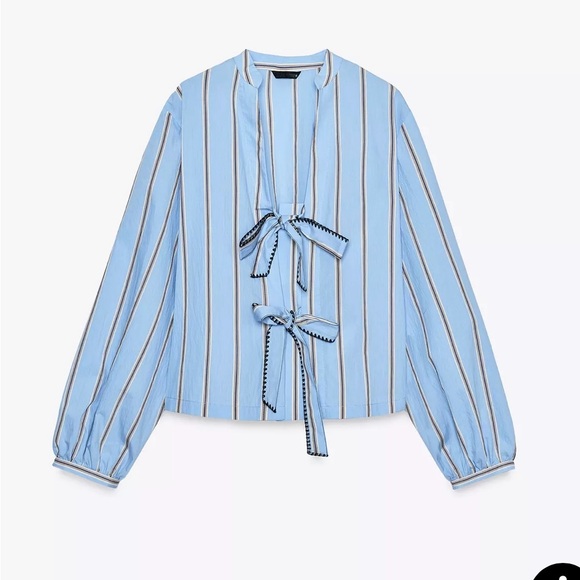 Zara | Tops | Zara Light Blue Striped Blouse With Tie Detail | Poshmark